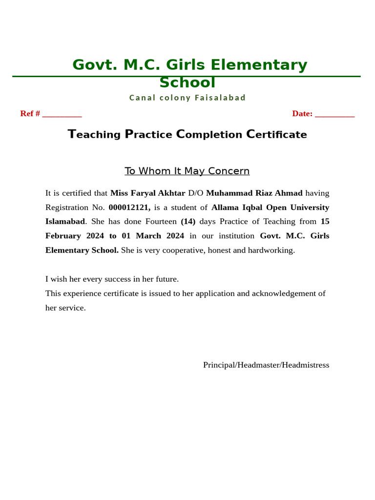 Teaching Practice Certificate | PDF