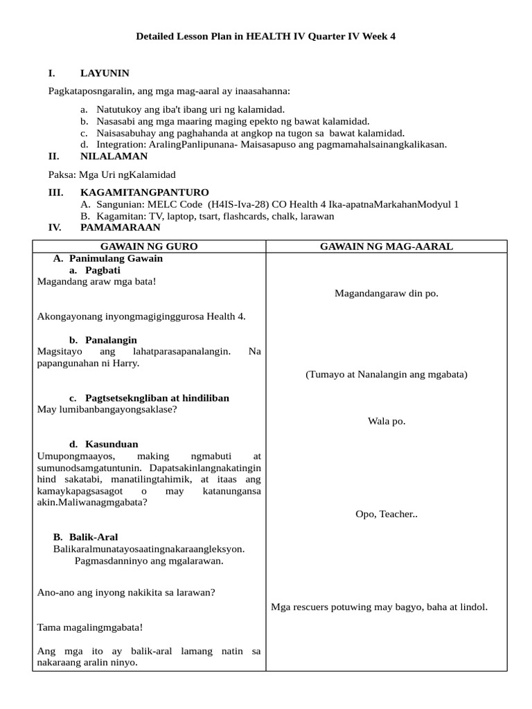 Detailed Lesson Plan in HEALTH IV Quarter IV Week 1 Demo Alessa-1 | PDF