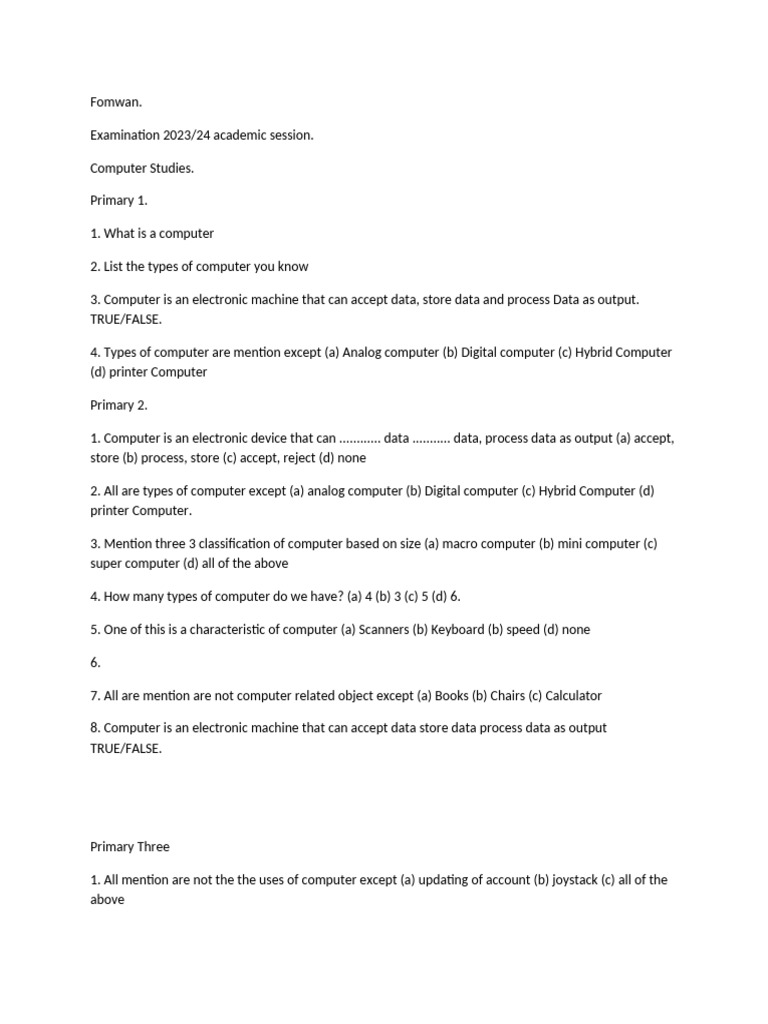 Computer Studies Exam Questions for Primary 1-5 | PDF | Part Of Speech ...