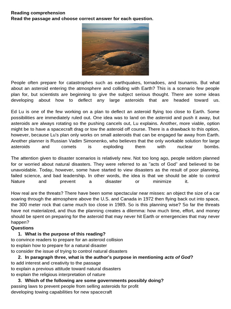 Reading Comprehension | PDF | Asteroid | Physical Sciences