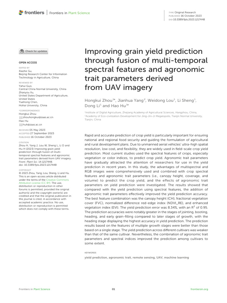 Improving Grain Yield Prediction Through Fusion of Multi-Temporal Spectral Features and ...