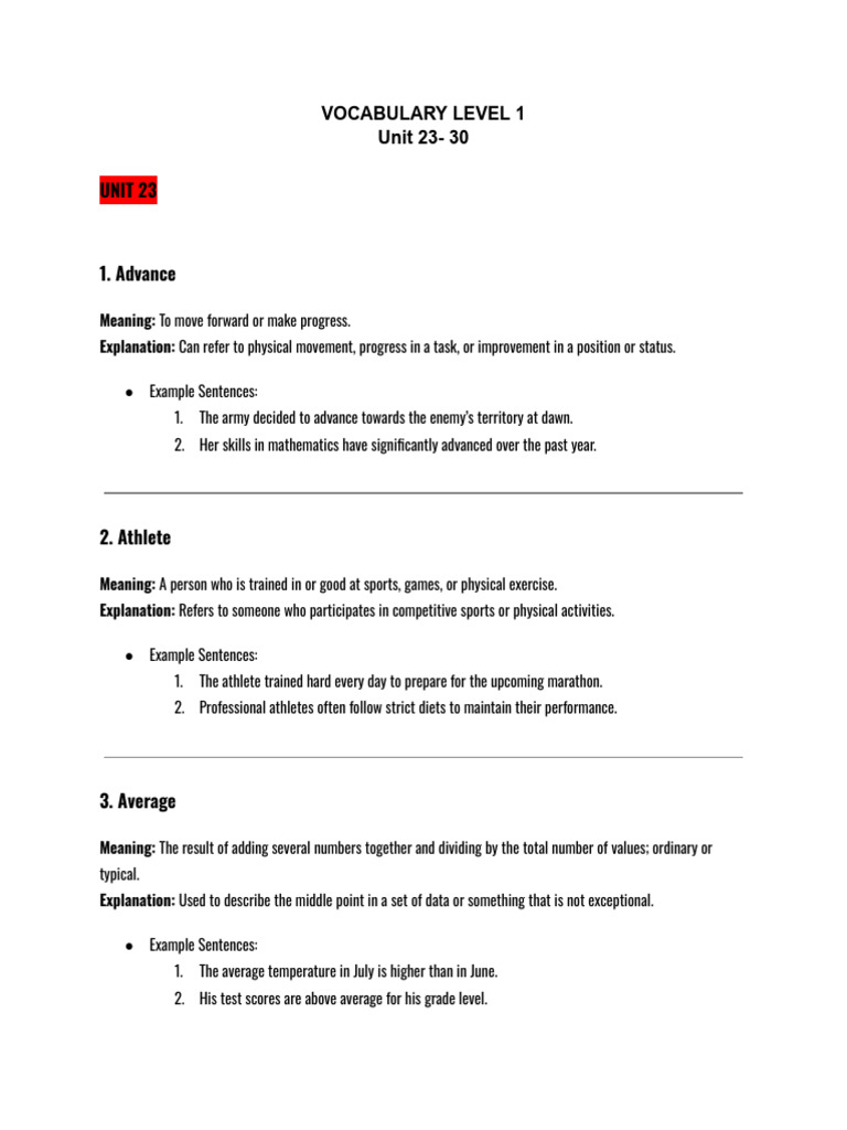 Vocabulary Level 1: Units 23-30 Answers | PDF | Sound | Mind