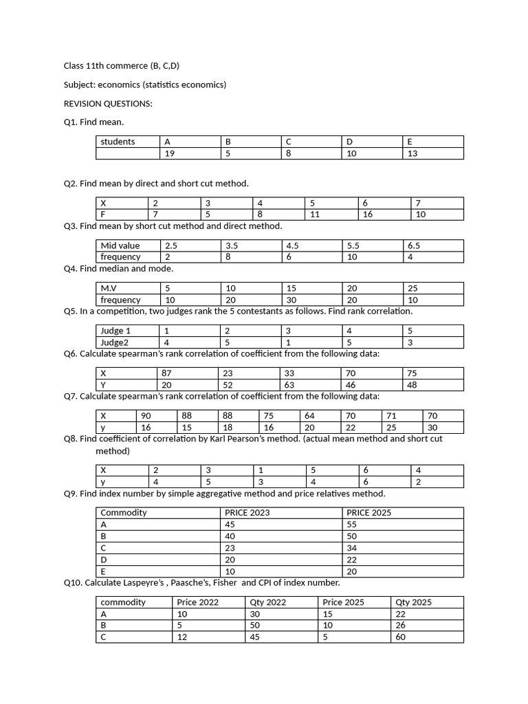 Class 11 Economics Revision Questions | PDF | Supply (Economics ...
