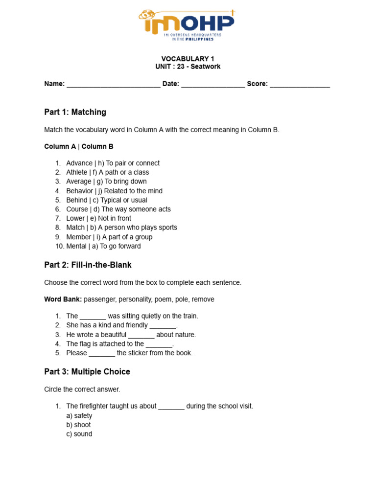 Voca 1 - Seatwork Unit 23-30) | PDF | Question | Evidence