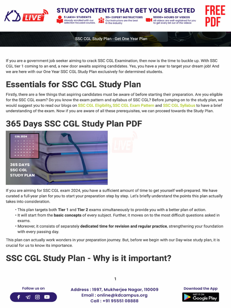 Study Plan SSC CGL Study Plan Get One Year Plan | PDF