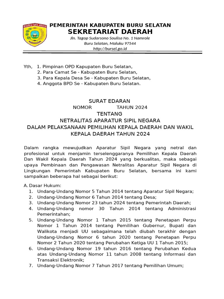 Surat Edaran Netralitas Asn | PDF