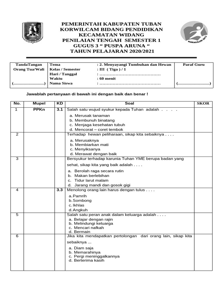 Soal PTS Kelas 3 Tema 2 2019 | PDF