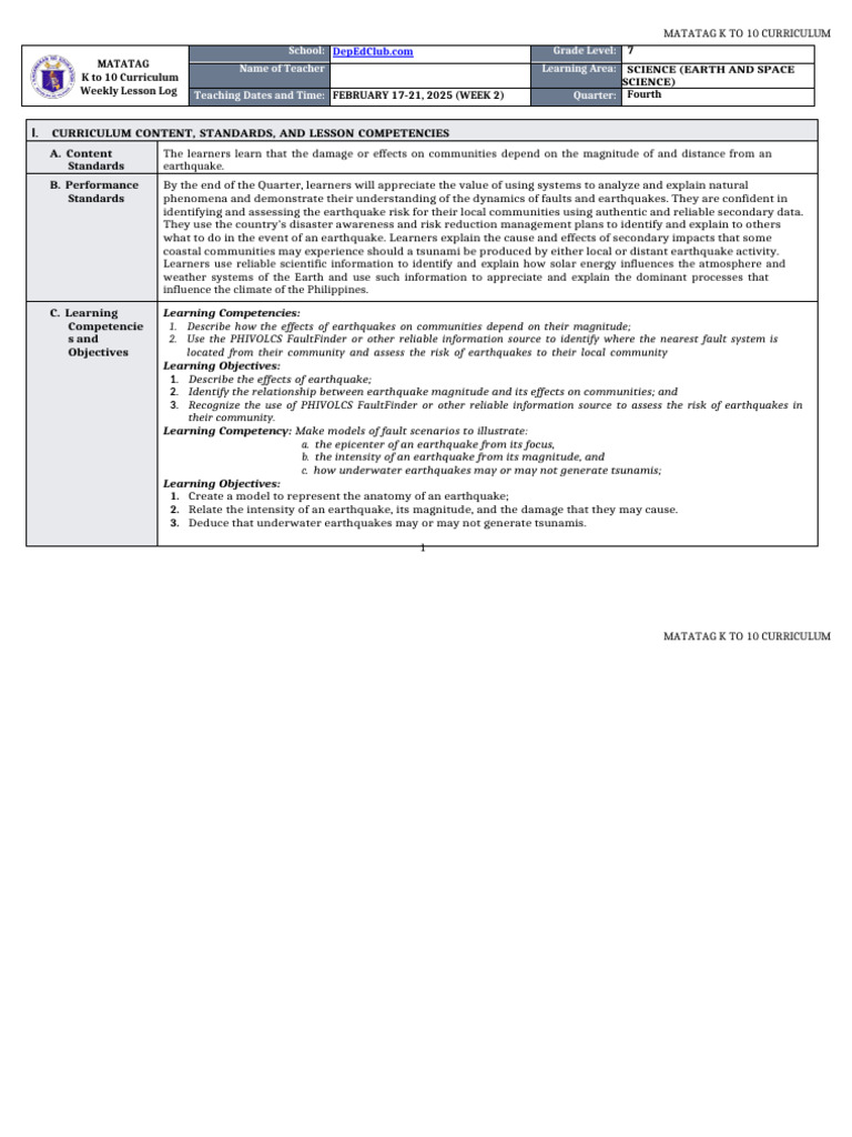 DLL Matatag - Science 7 Q4 W2 | PDF | Earthquakes | Fault (Geology)