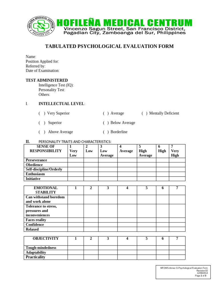 Psychological Evaluation Form Template | PDF | Intelligence Quotient ...