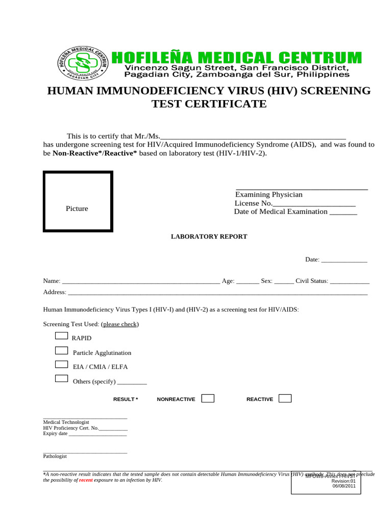 HIV Screening Test Certificate Template | PDF | Hiv | Hiv/Aids