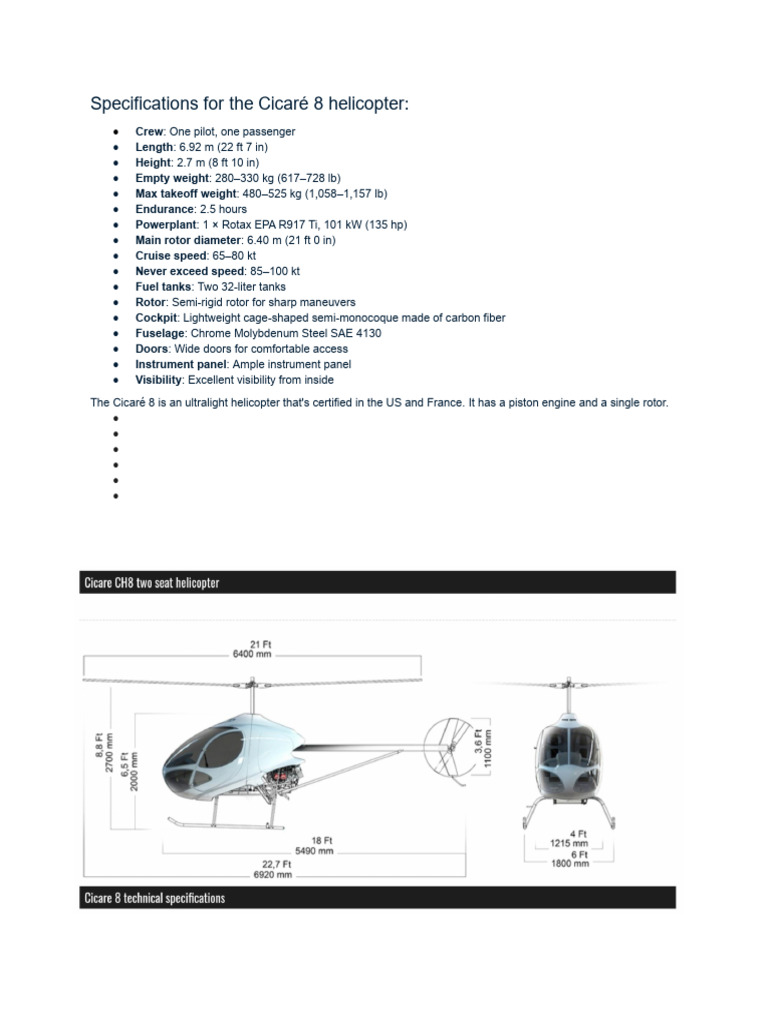 Cicaré 8 Helicopter Specifications | PDF