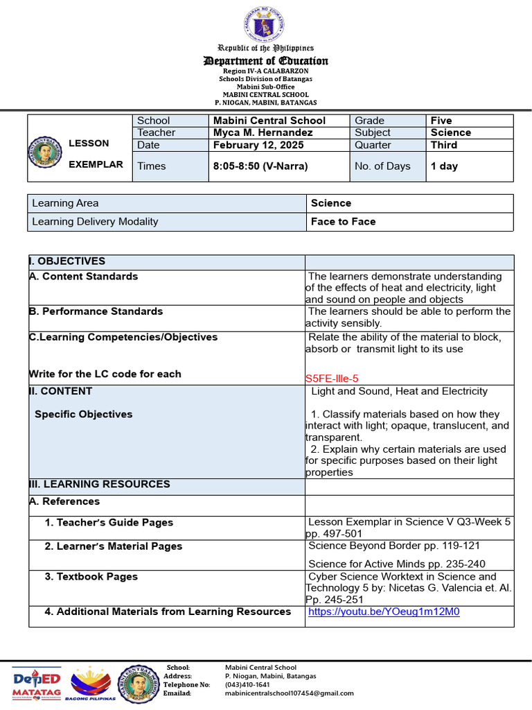 Grade V Narra Lesson Plan | PDF | Light | Mirror