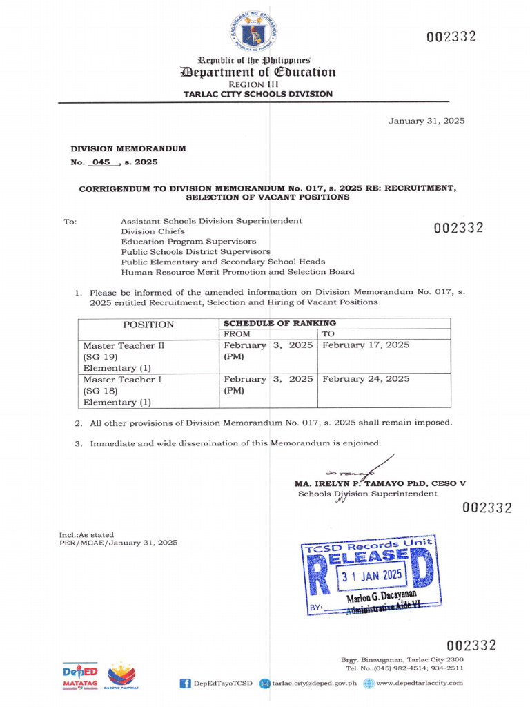 Division Memo No. 045 S. 2025 - CORRIGENDUM TO DM 017 S 2025 RECRUITMENT SELECTION OF VACANT ...