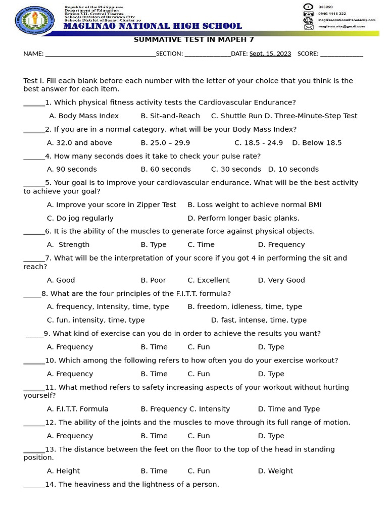 Summative Test in Mapeh 7 | PDF | Body Mass Index | Determinants Of Health