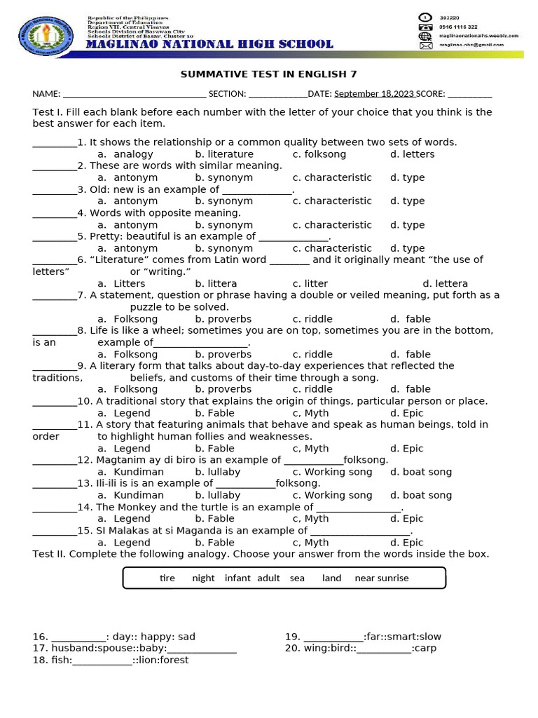 Summative Test in English 7 | PDF | Learning | Teachers