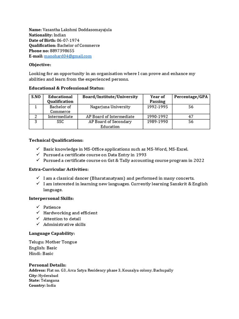 Vasantha Lakshmi Resume | PDF