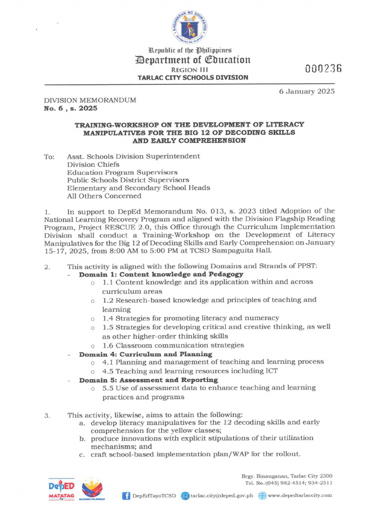 Division Memo No. 006, S. 2025 - TRNG-WSHOP ON THE DEVT OF LITERACY MANIPULATIVES FOR THE BIG 12 ...