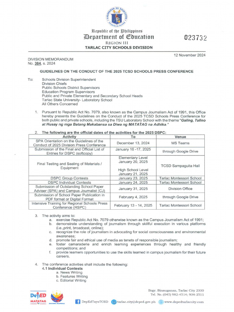 Division Memo No. 384, S. 2024 - GUIDELINES ON THE CONDUCT OF THE 2025 ...