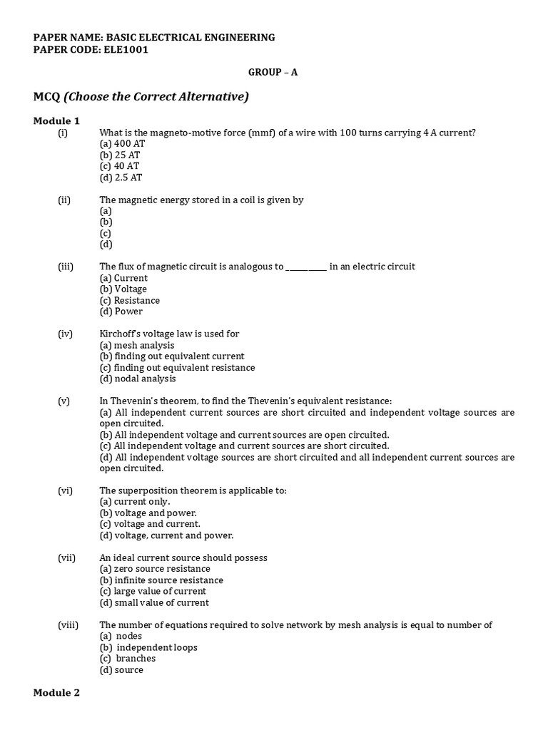 Basic Electrical Engineering Question Bank - Ele1001 - 2024 | PDF | Electric Motor | Electronics