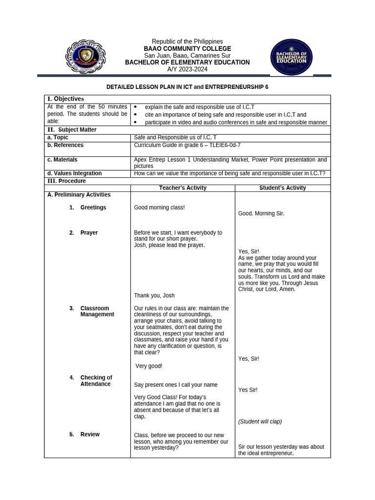ICT and Entrepreneurship Lesson Plan | PDF | Wiki | Information And ...