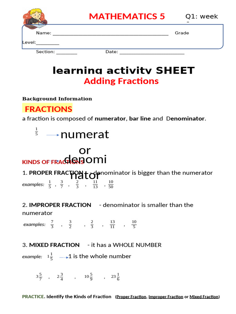 Learning Activity Sheet - LAS For Adding and Subtracting Fractions | PDF | Elementary ...