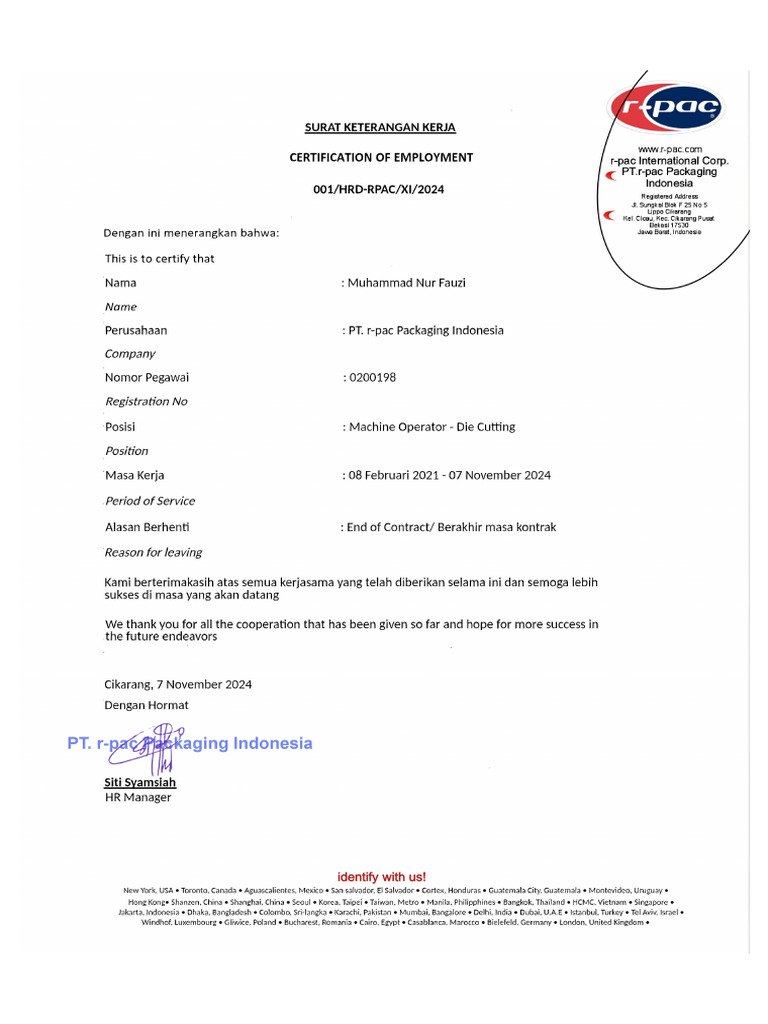 Paklaring Muhammad Nur Fauzi | PDF