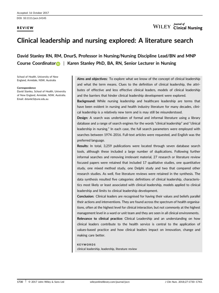 Journal of Clinical Nursing - 2017 - Stanley | PDF | Leadership | Nursing