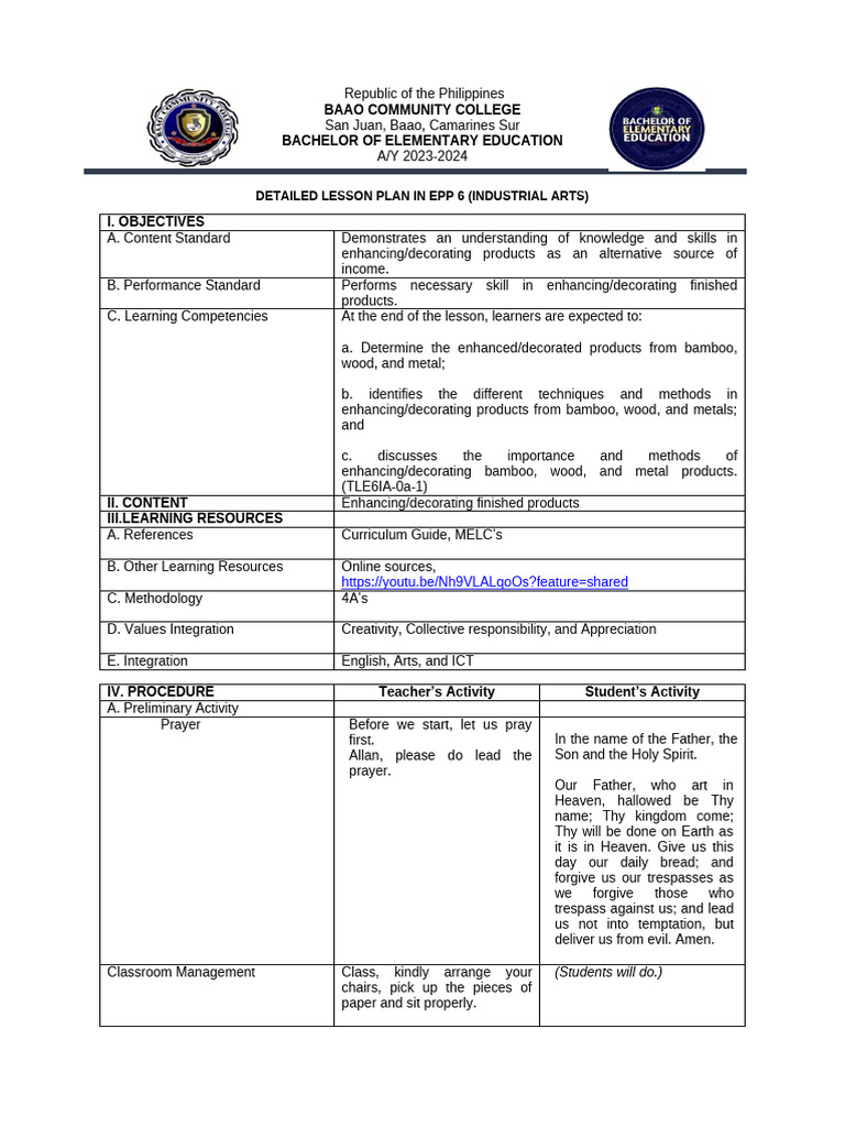 Detailed Lesson Plan: EPP 6 Industrial Arts | PDF | Lord's Prayer | Lesson Plan