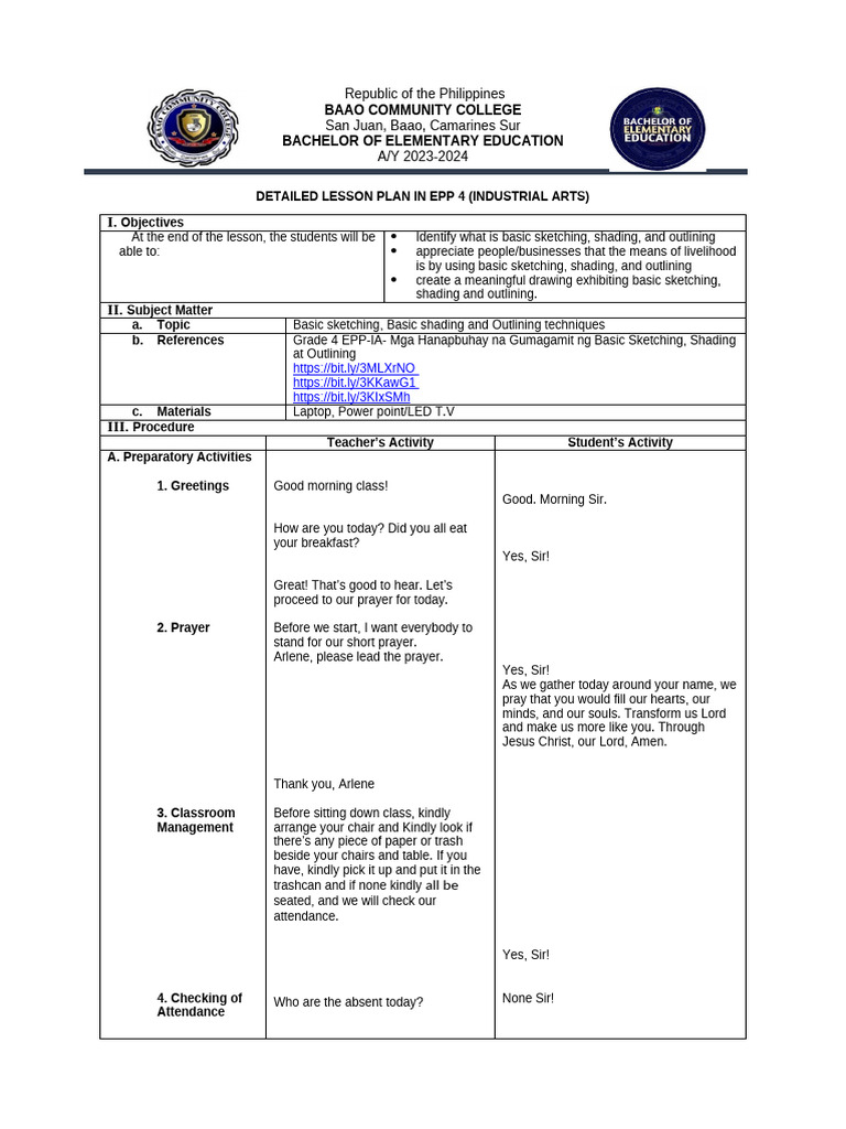 To Do DETAILED LESSON PLAN GRADE 4 (INDUSTRIAL ARTS) | PDF | Drawing