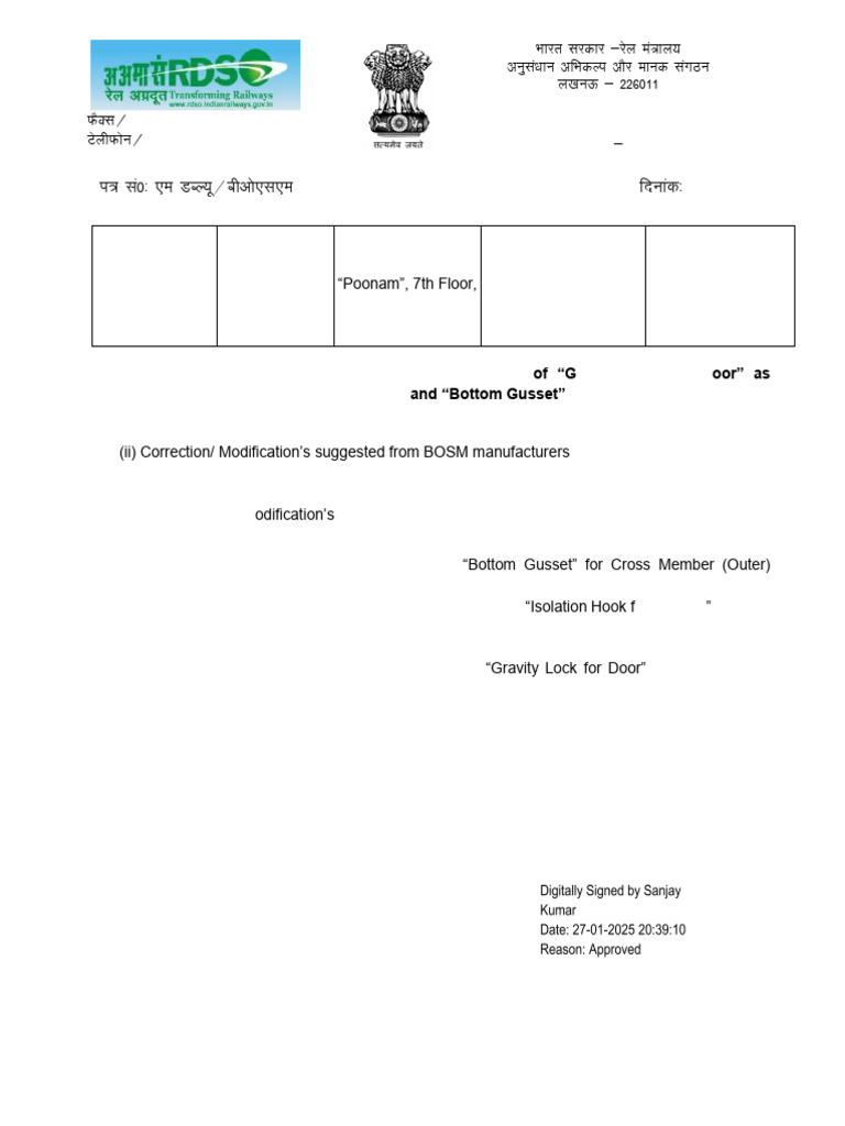 Design Modification of BOSM wagon by RDSO. File No. "RDSO-MW0WD(OPEN)/1/2024-O/o PED/SW/RDSO ...