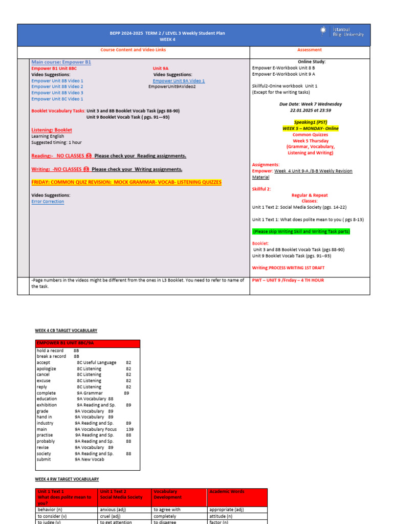 L3 Week 4 Weekly Student Plan | PDF | Vocabulary | Language Acquisition