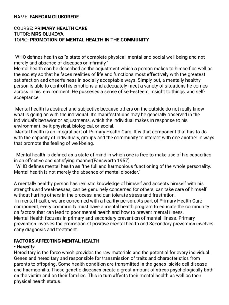 Community Mental Health Promotion | PDF | Mind | Mental Health