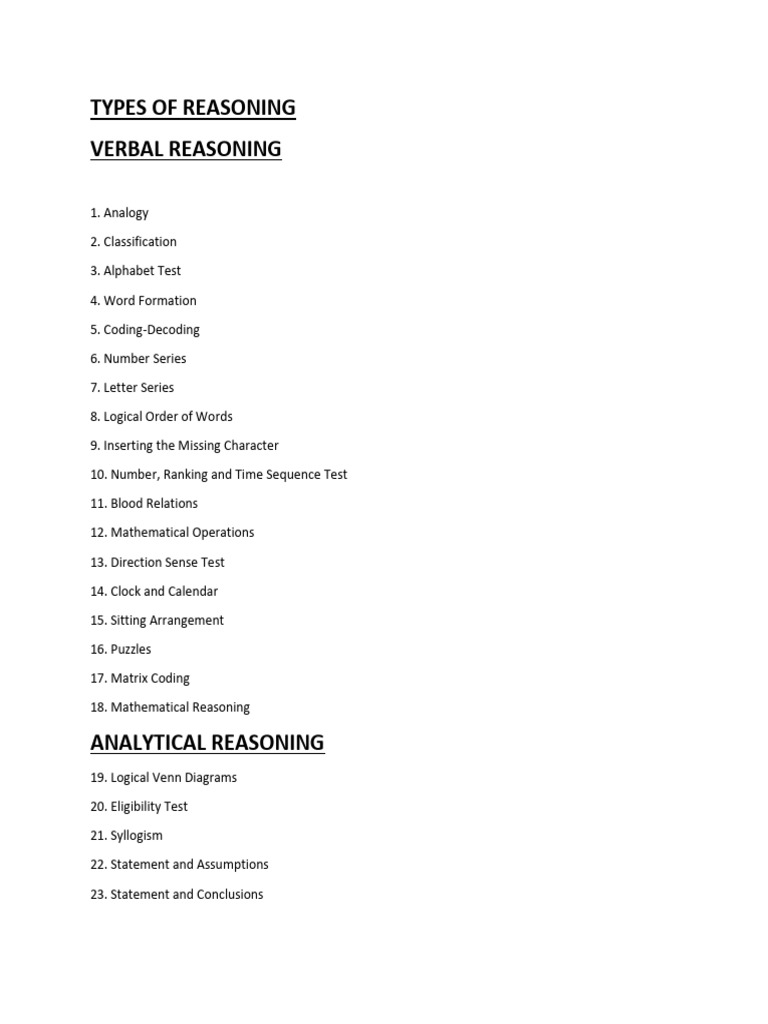 Types of Reasoning for Exams | PDF