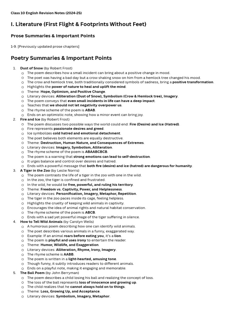 Class 10 English Revision Notes 2024-25 | PDF | Poetry | Zoo