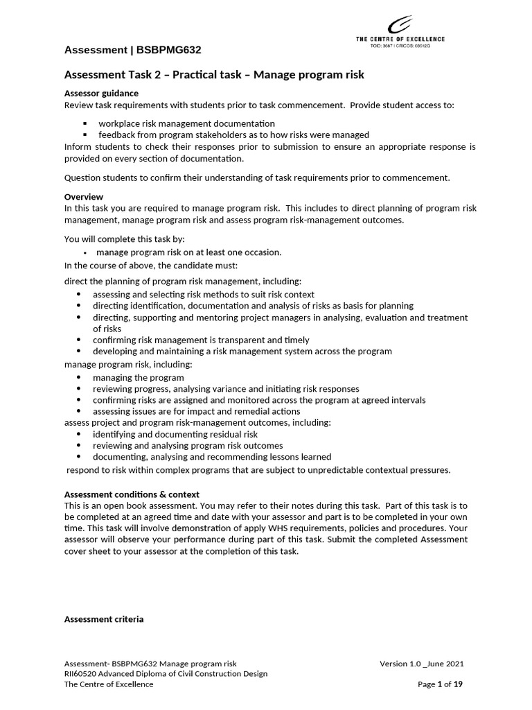 Assessment - BSBPMG632 - Version 1.0 - June 2021 | PDF | Risk | Risk ...
