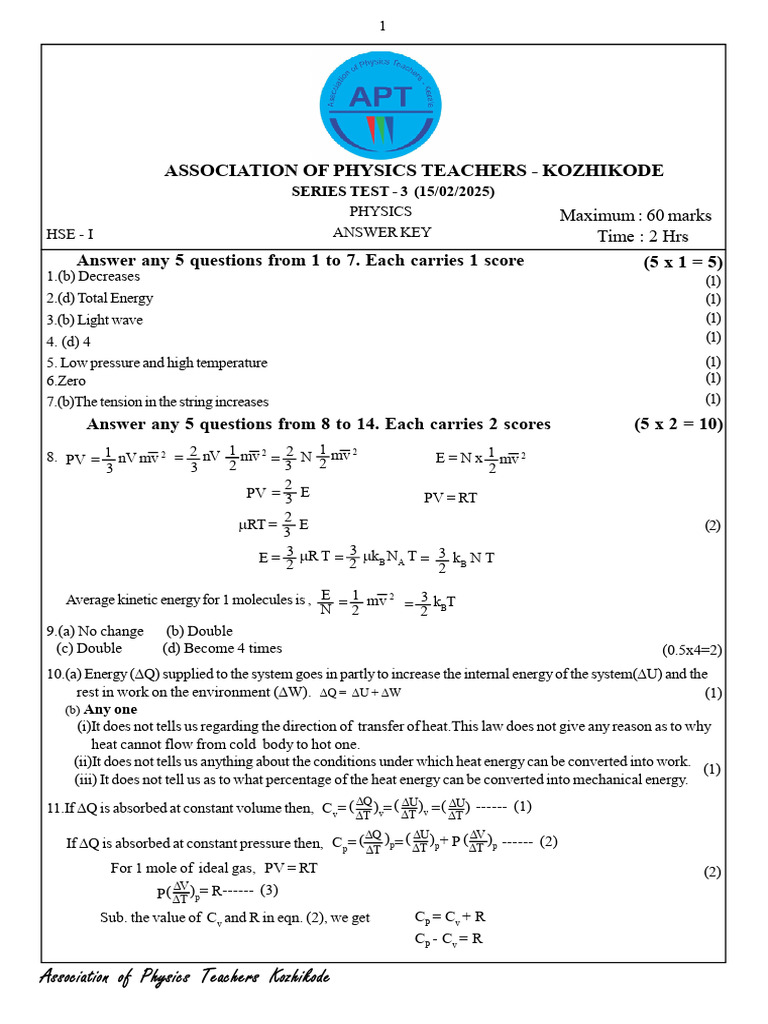 First Year Series Test 3 Answer Key | PDF | Continuum Mechanics ...