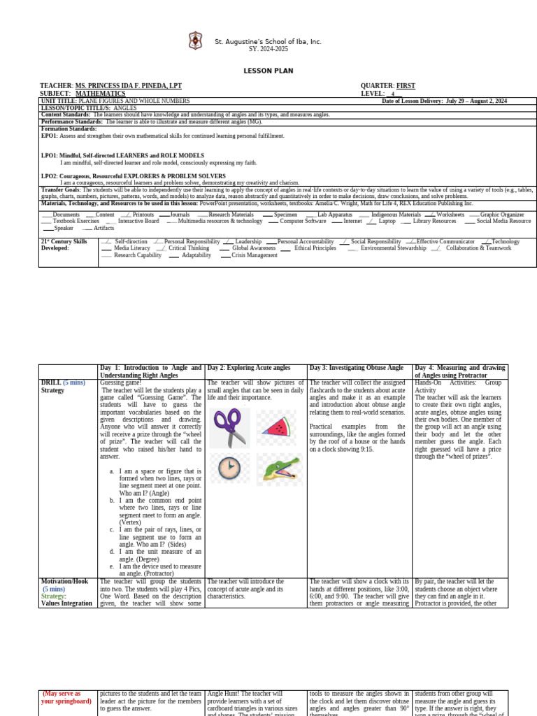 Learning Plan Grade 4 Math | PDF | Angle | Learning