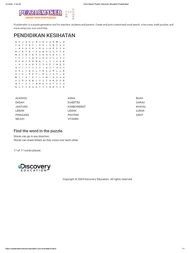 Word Search Puzzle - Discovery Education Puzzlemaker | PDF