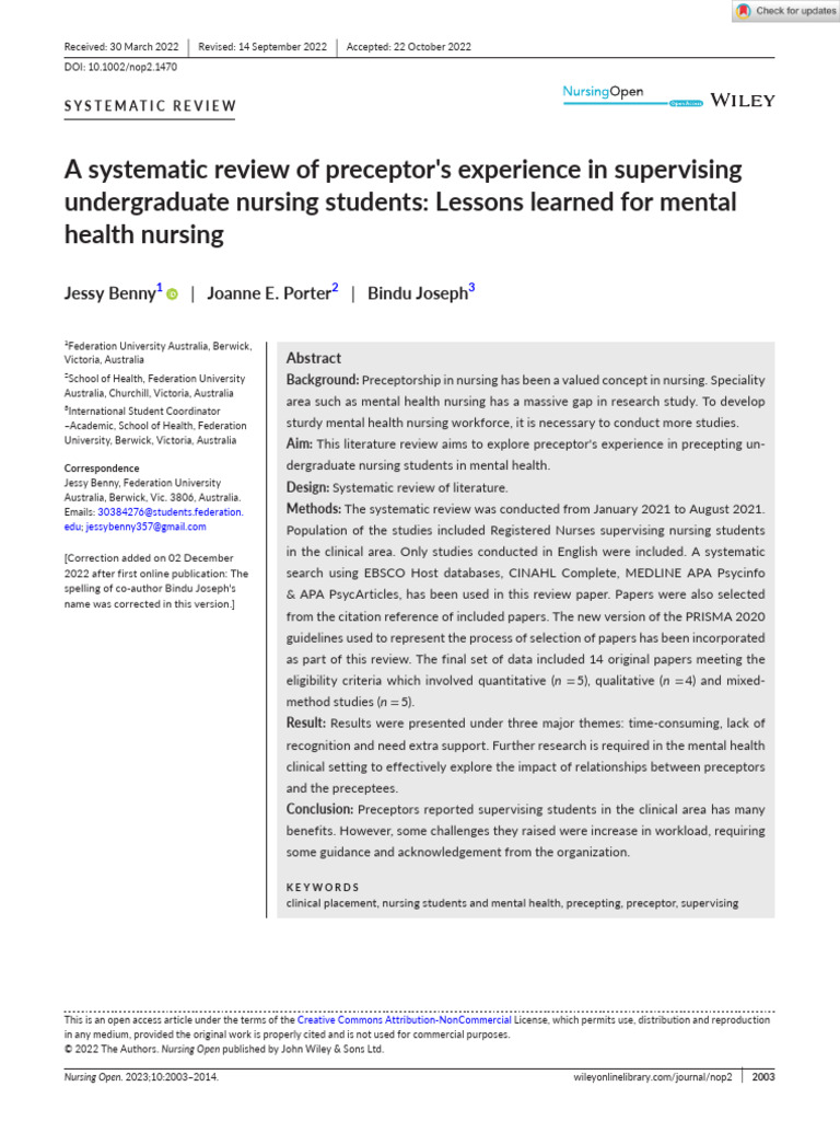Nursing Open - 2022 - Benny - A Systematic Review of Preceptor S Experience in Supervising ...