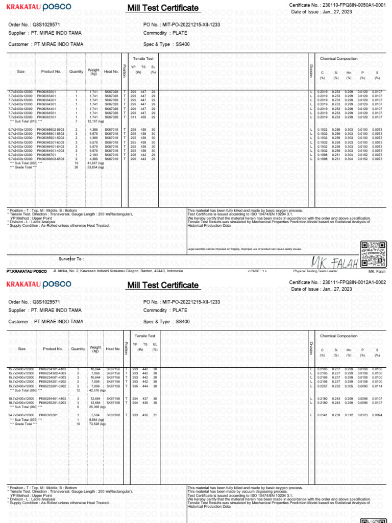 Millsheet Plat Hitam Komplit 7.7-24.7 KP | PDF | Stress (Mechanics) | Pascal (Unit)