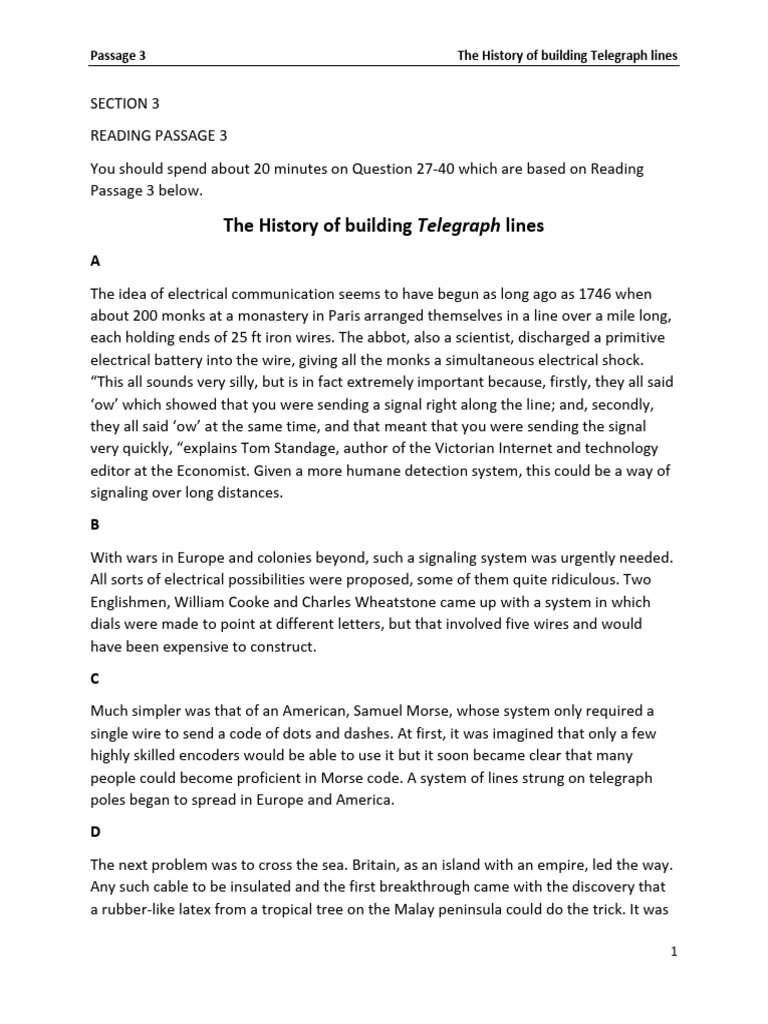 49 Passage 3 - The History of Building Telegraph Lines Q27-40 | PDF ...