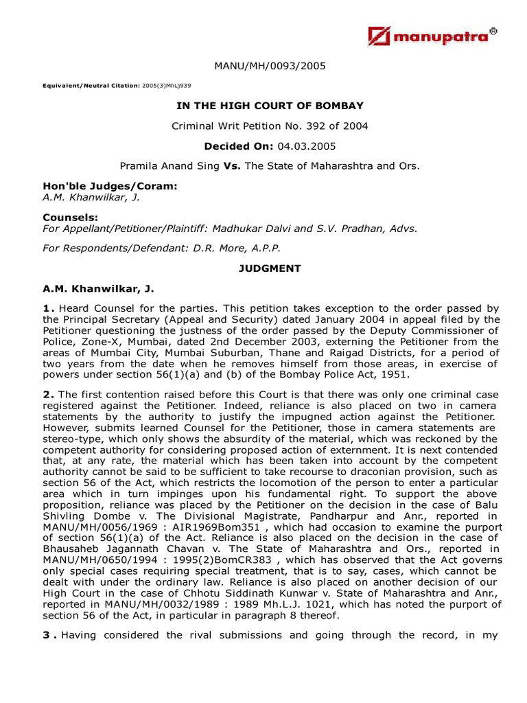 Bombay High Court Externment Ruling | PDF | Appeal | Judgment (Law)