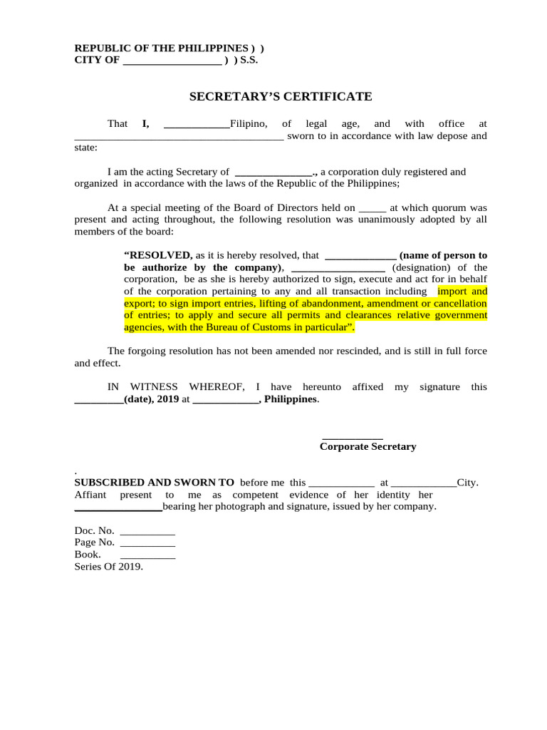 SAMPLE - Secretary's Certificate For Lifting, Amendment, Etc | PDF