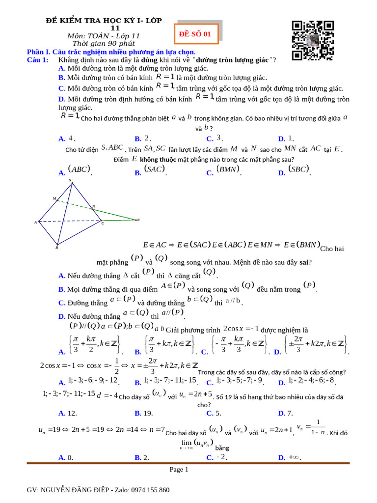 ĐỀ SỐ 1 -HK1 - LỚP 11 | PDF