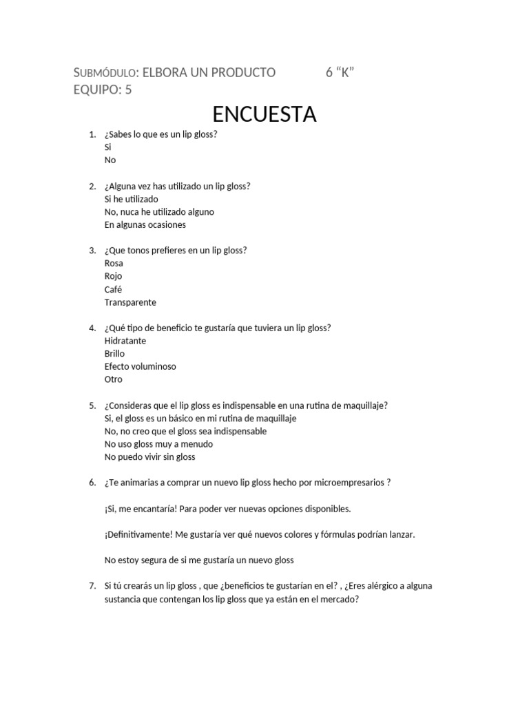 Encuesta sobre Preferencias de Lip Gloss | PDF