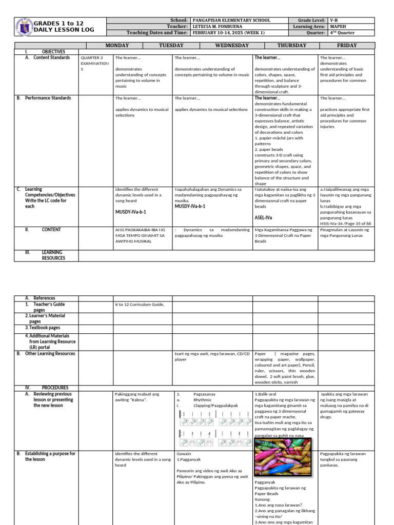 Grade 5 DLL MAPEH 5 Q4 Week 1 | PDF