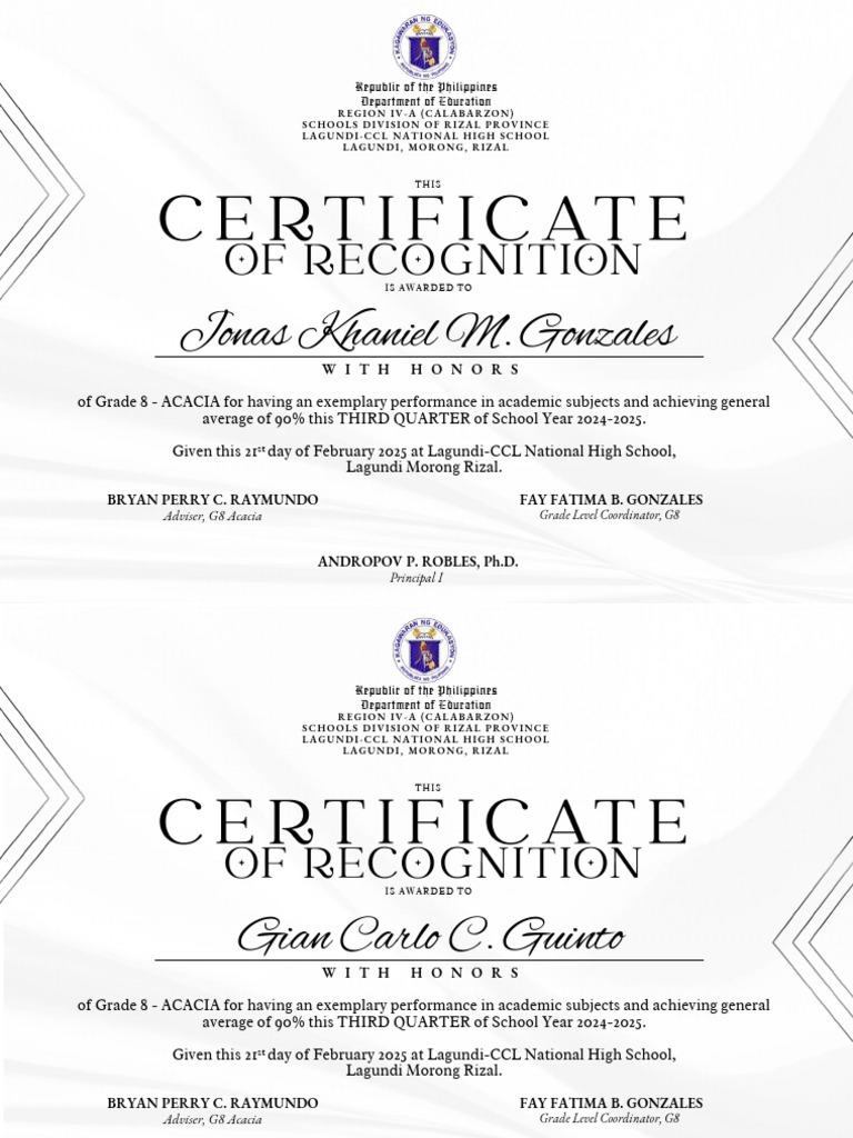 Grade 8 3rd-Quarter - Cert-With-Honors 2024-2025 | PDF | Philippines ...