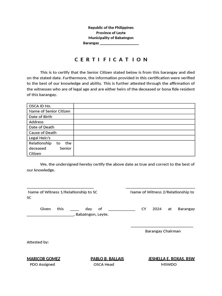Barangay Death Certification Sample | PDF