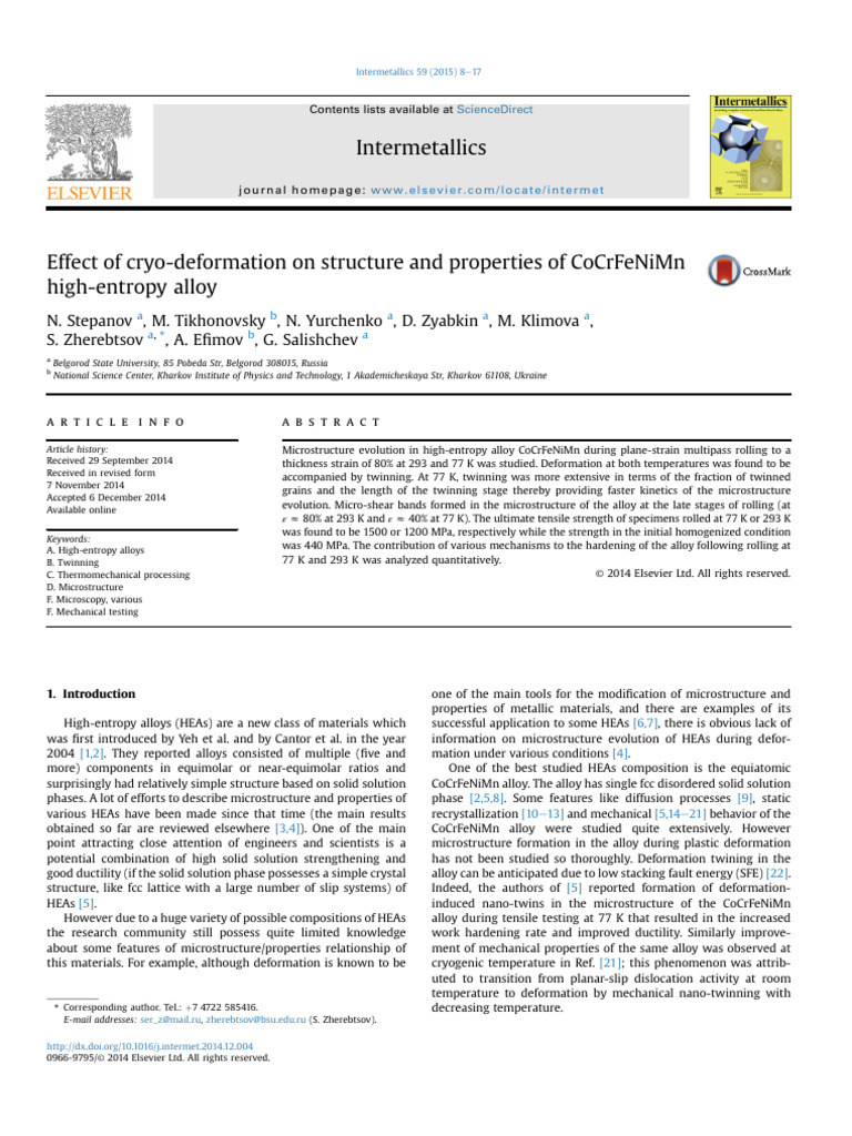 2015-Effect of Cryo-Deformation On Structure and Properties of CoCrFeNiMn High-Entropy Alloy ...