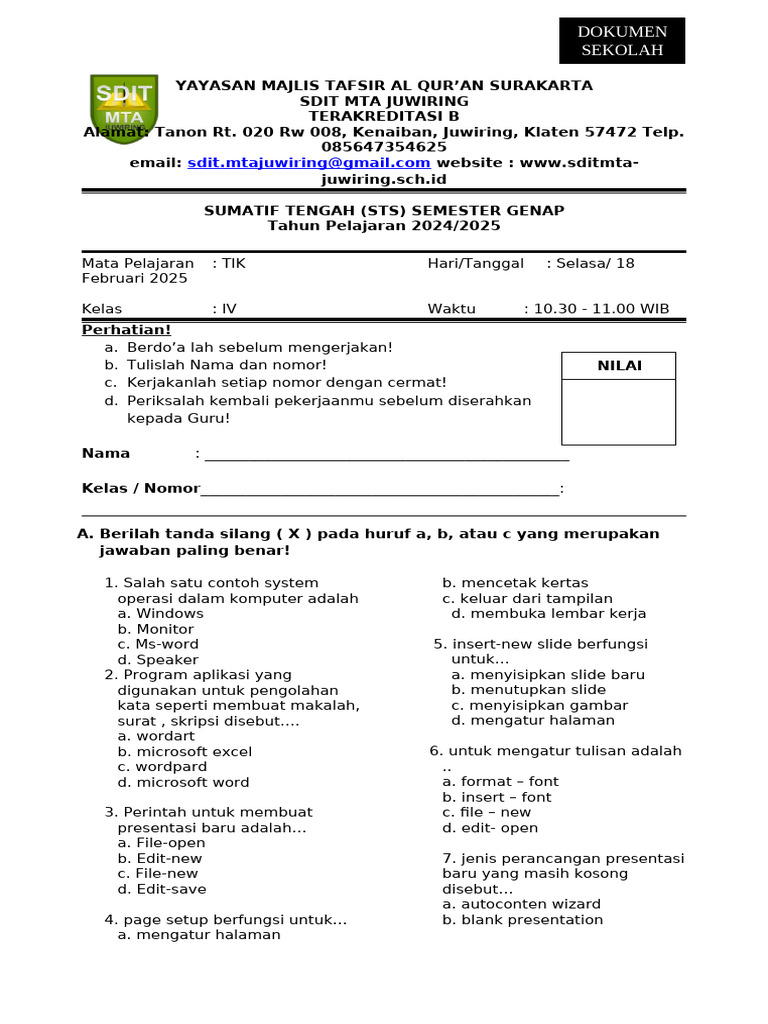 STS TIK Kelas IV SDIT MTA Juwiring | PDF